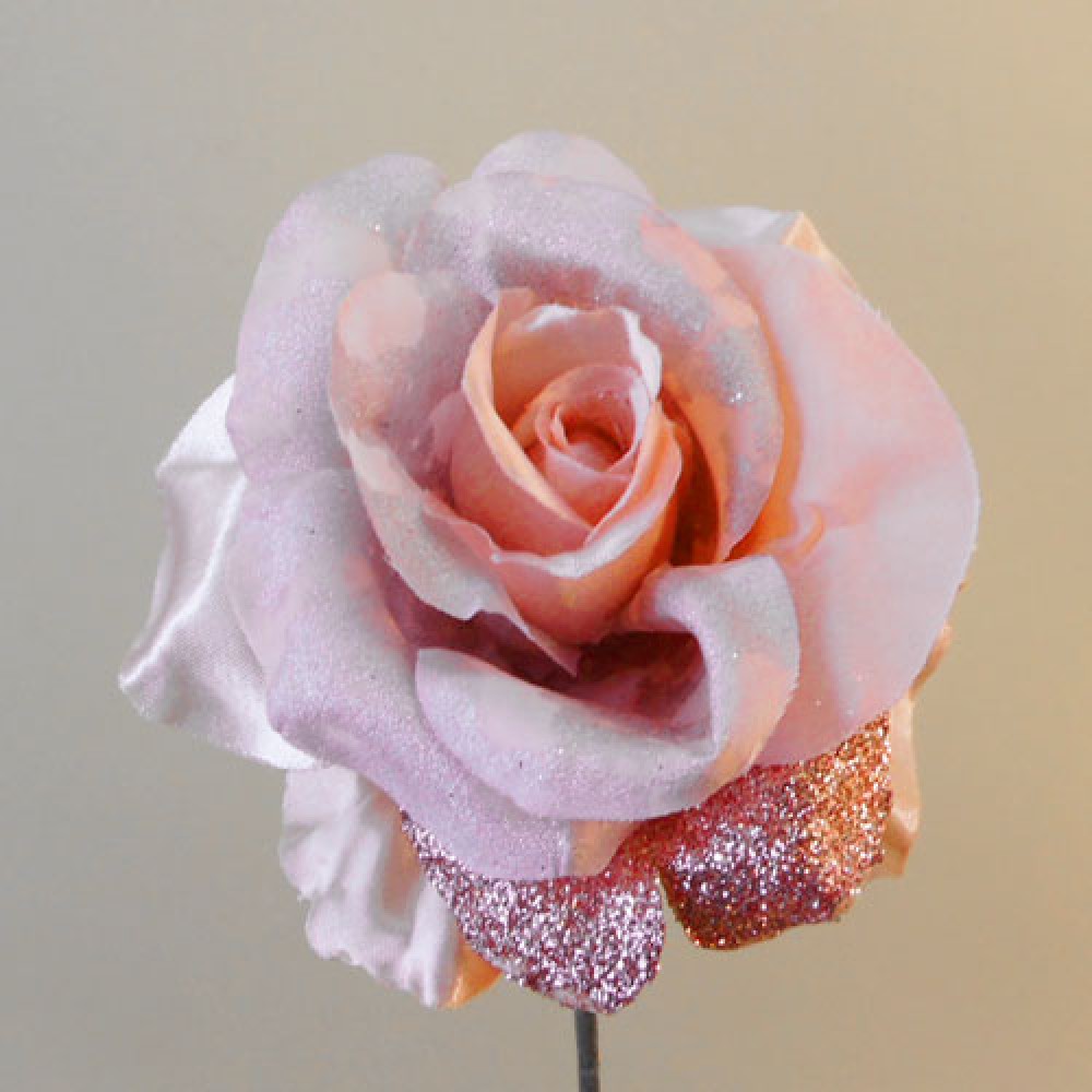 Pink Artificial Rose Satin Silk And Glitter Christmas Flowers